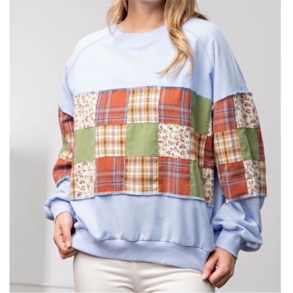 easel | Tops | Easel Patchworks Oversized Crew Neck Sweatshirt In Sky Blue Nwt Sz S | Poshmark